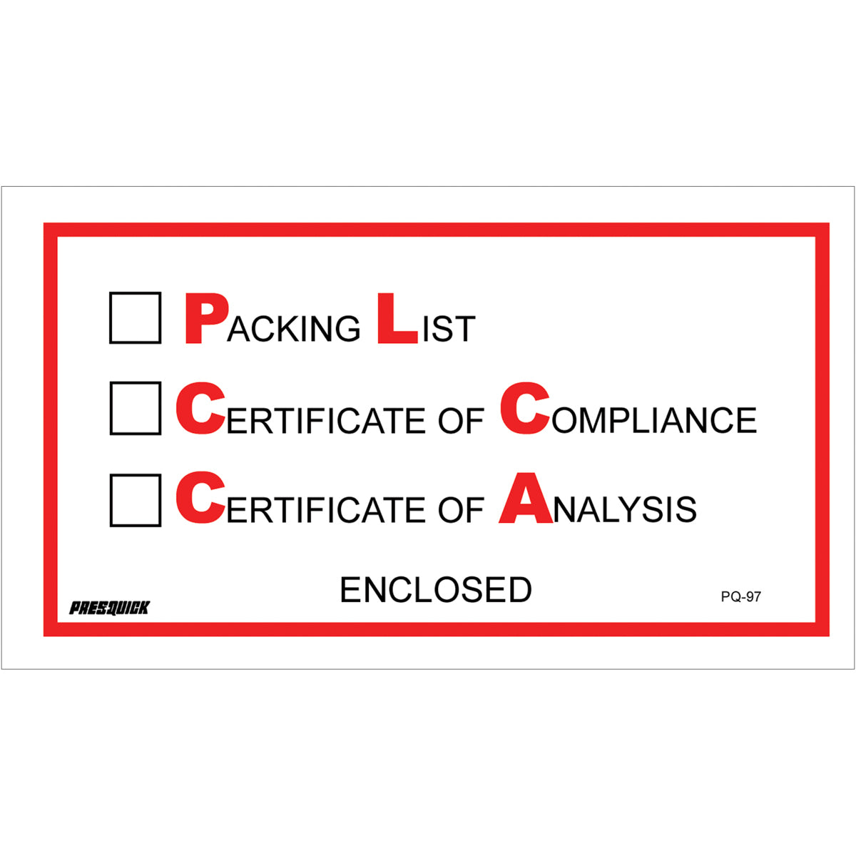 5 1/2 x 10 Packing List/Cert of Compliance/Cert. of Analysis